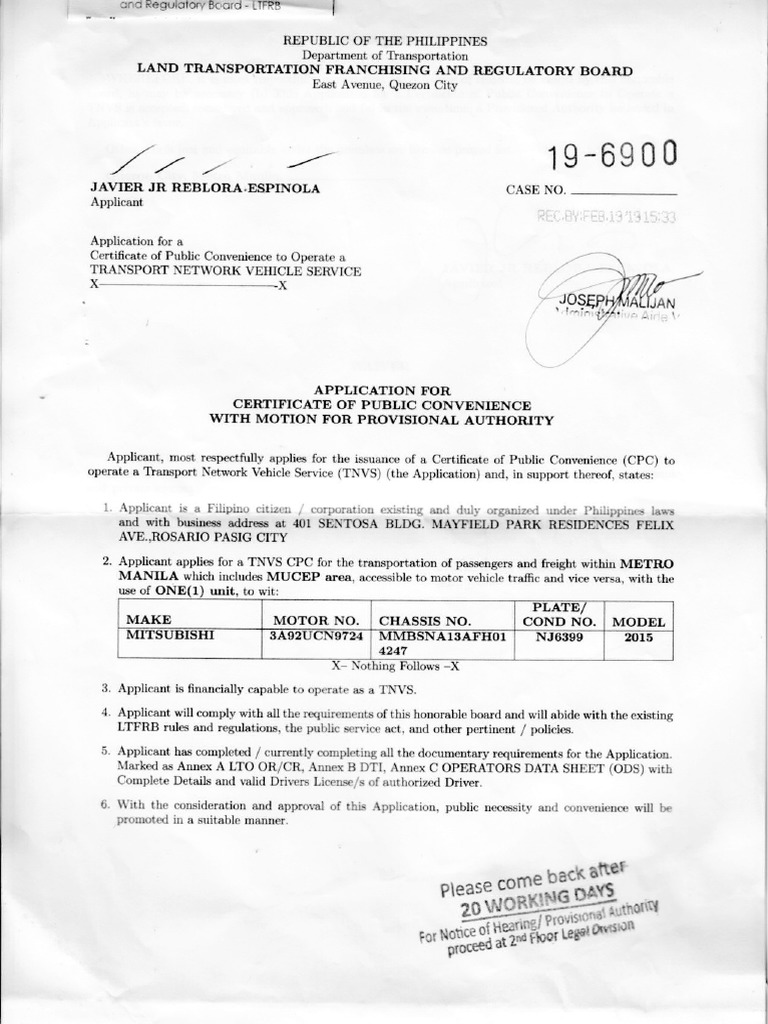 CPC Application For TNVS LTFRB | PDF