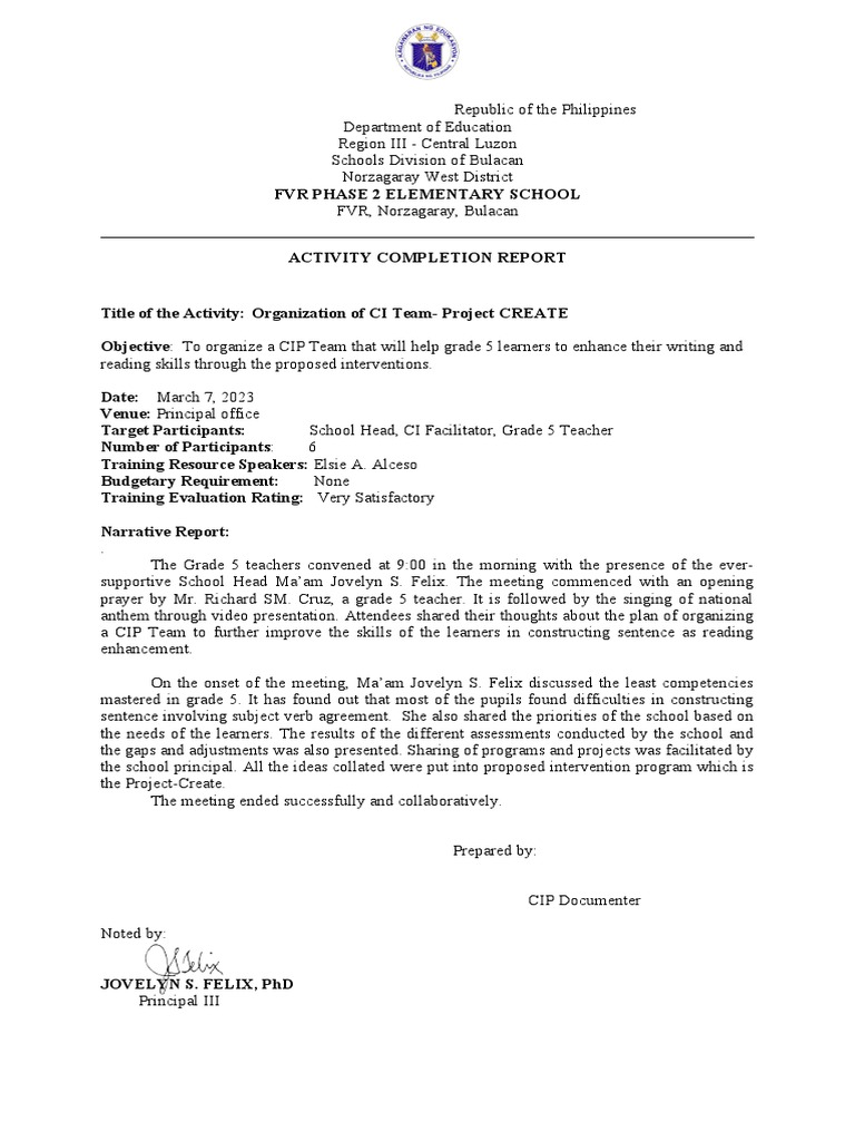 CIP Project CREATE - Narrative Report | PDF | Teachers | Educational ...