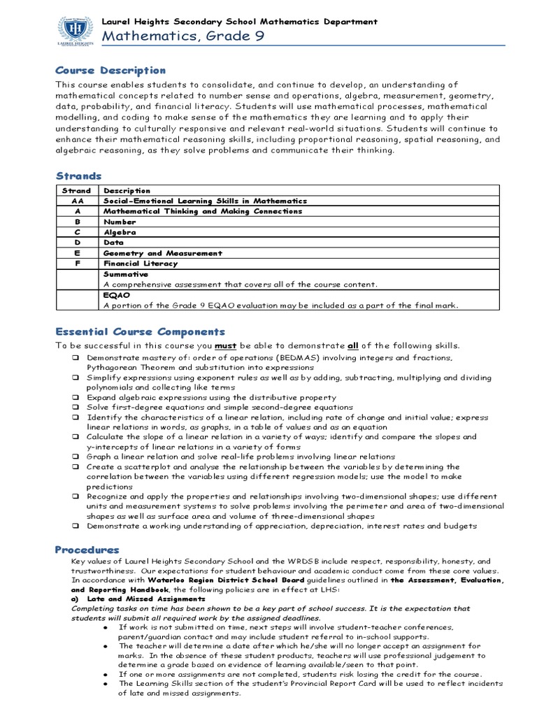 Grade 9 Math Course Outline | PDF | Mathematics | Equations