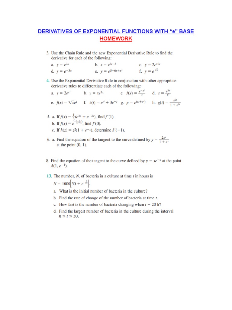 Derivatives of Exponential Functions With - e - Base Homework | PDF