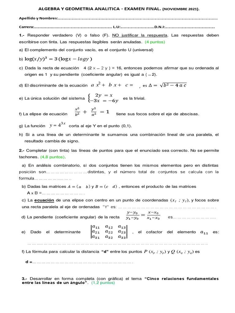 Final Algebra Noviembre 2021 | PDF