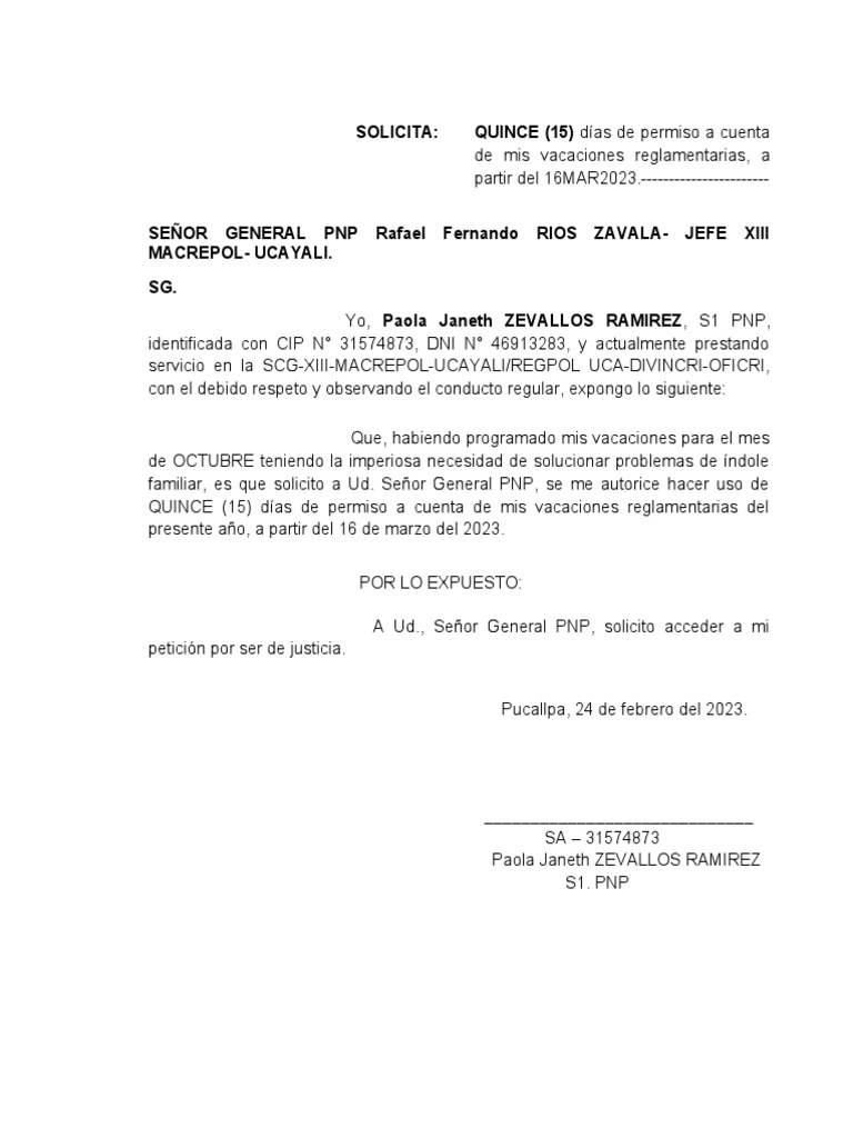 Solicitud Vacaciones. | PDF | Perú | Cumplimiento de la ley