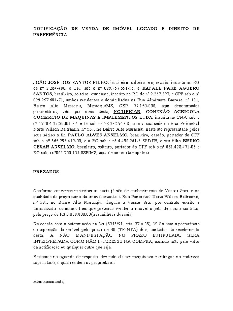 Notificação de Venda de Imóvel Locado e Direito de Preferência | PDF