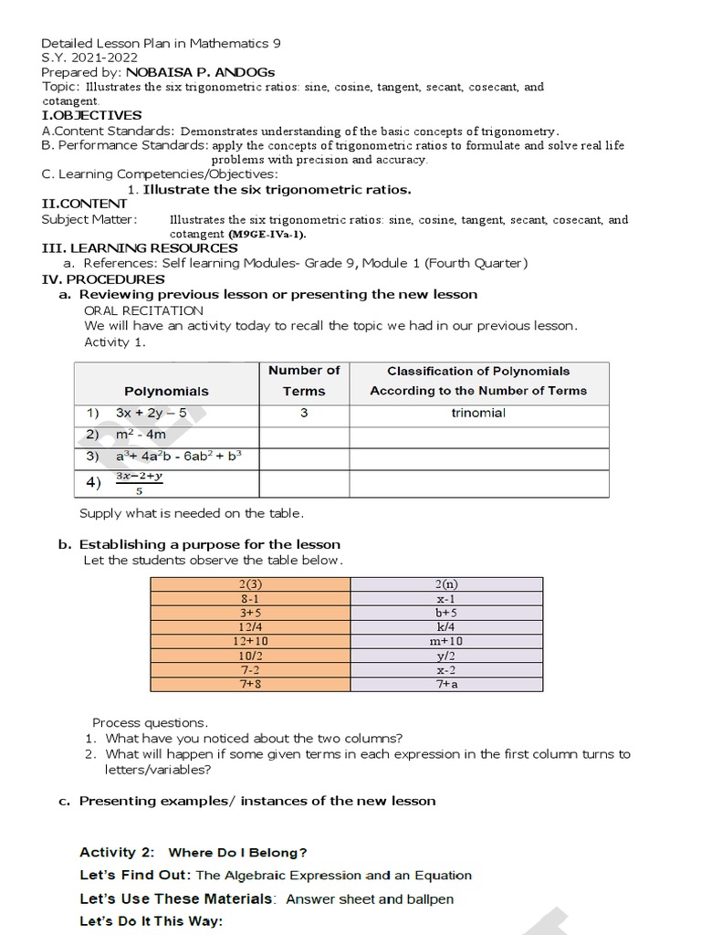 Trigonometric Ratios Lesson Plan | PDF | Trigonometric Functions ...