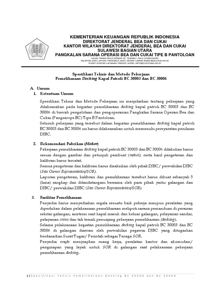 Spesifikasi Pemeliharaan Docking Kapal Patroli BC 30003 Dan BC 30006 | PDF