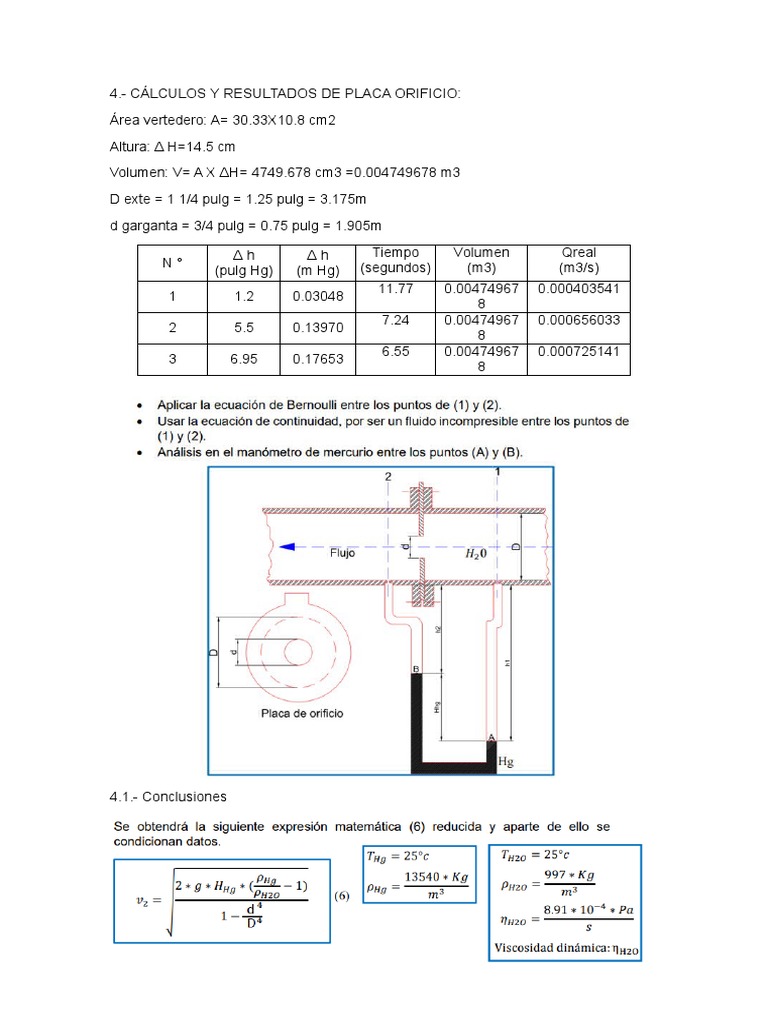 Calculos y Conclusiones Placa Orificio Lab04 | PDF