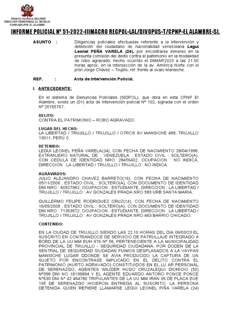 Informe Policial 51 Robo Agravado | PDF | Seguridad Pública ...