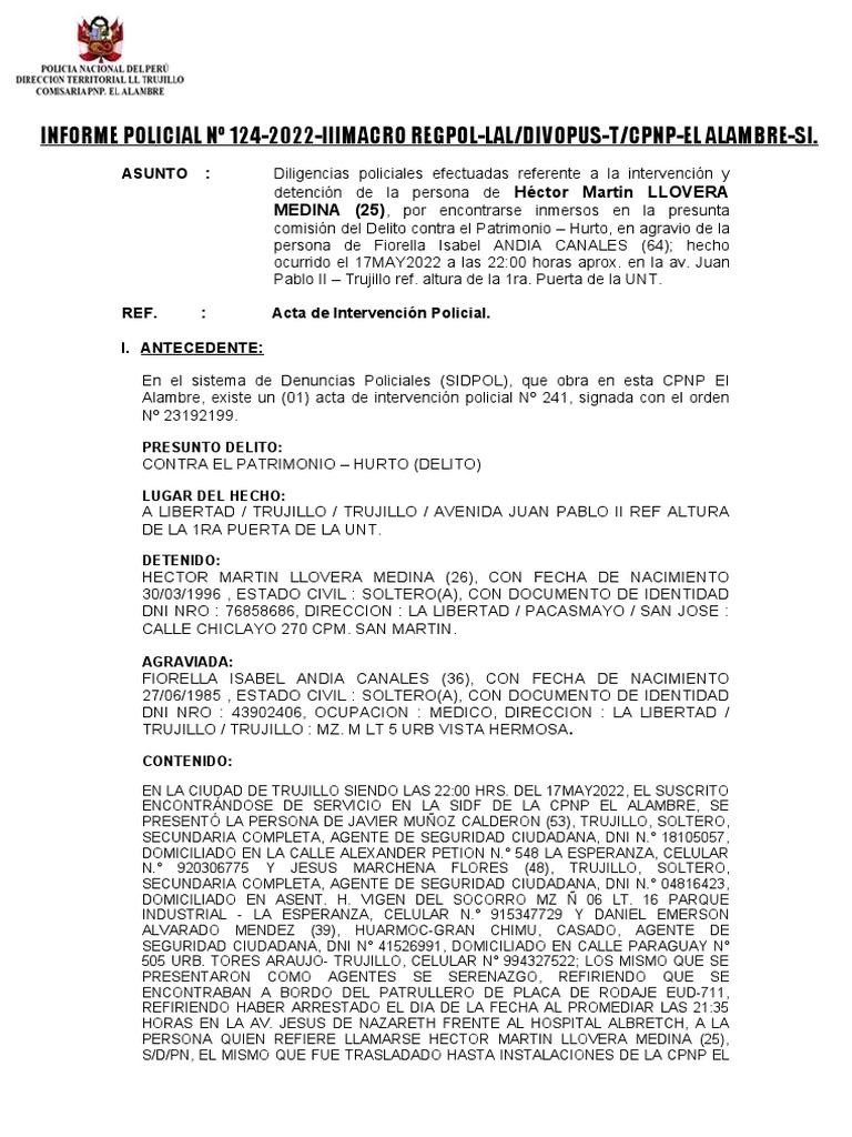 Informe Policial #124 Hurto | PDF | Justicia | Crimen y violencia