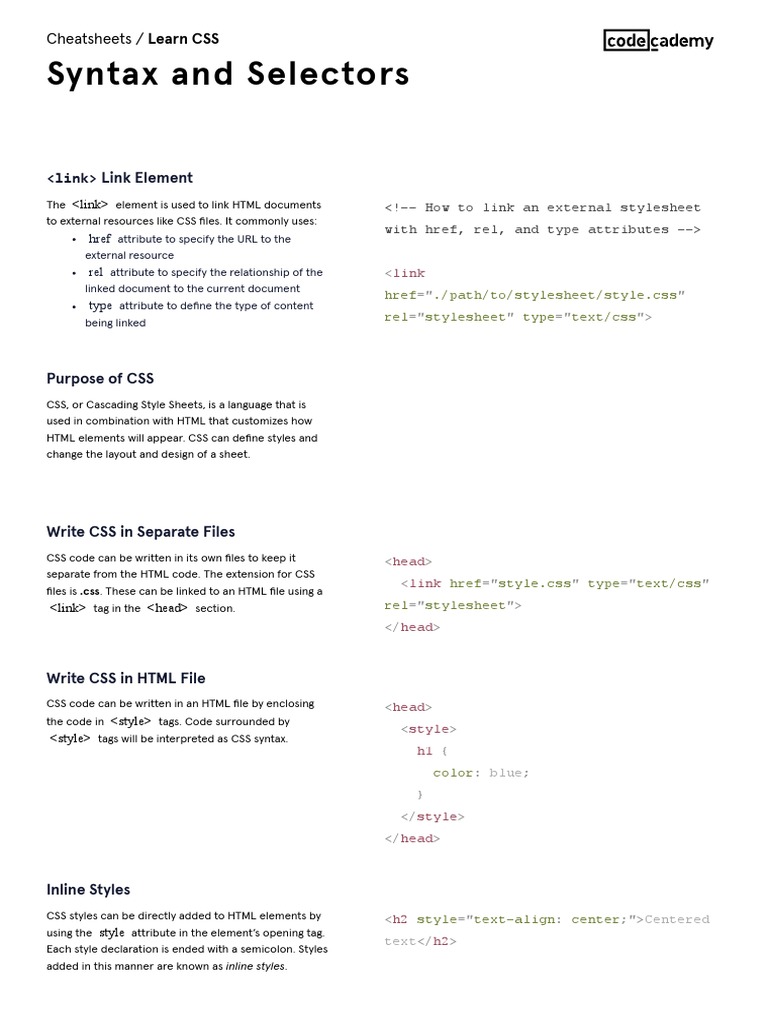 Learn CSS - Syntax and Selectors Cheatsheet | PDF | Html Element | Html Learn CSS - Syntax and Selectors Cheatsheet | PDF | Html Element | Html