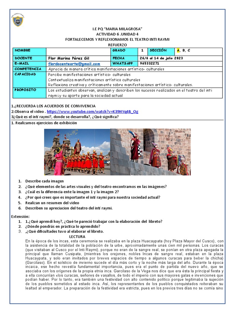 1 Acti-Refuerzo - Reflexionando Sobre El Inti Raymi | PDF | Imperio Inca