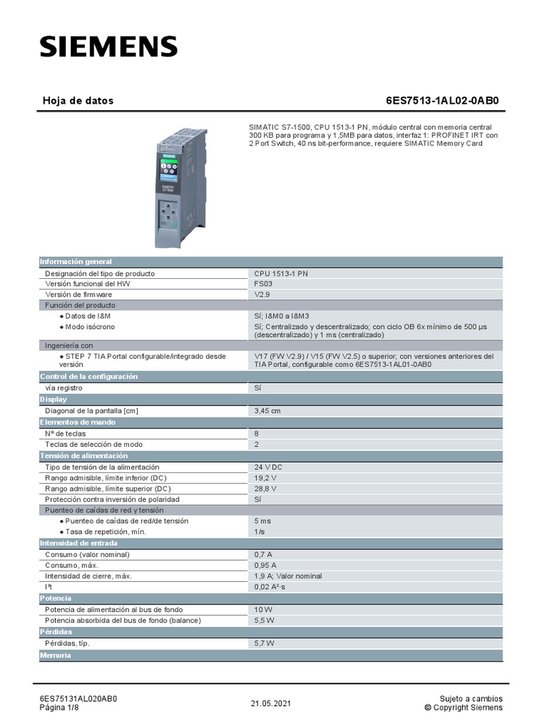 SIMATIC S7-1500, CPU 1513-1 PN - Datasheet - Es | PDF | Telecomunicaciones | Estándares de red
