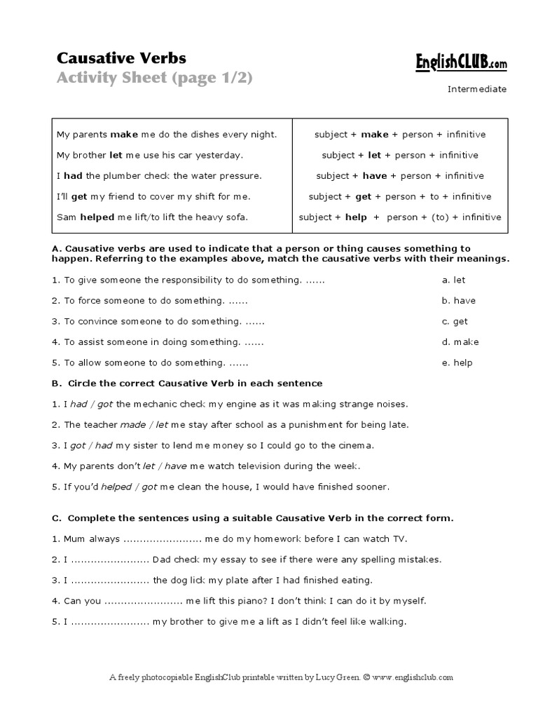 Causative Verbs Activity | PDF | Language Mechanics | Linguistic Morphology