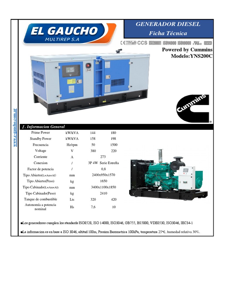 Generador Diesel Ficha Técnica: Powered by Cummins Modelo:YNS200C | PDF ...