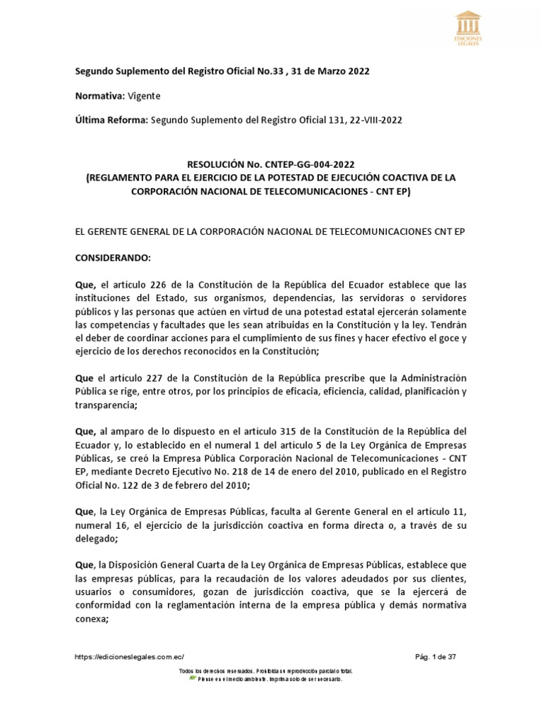 Reglamento Ejecución Coactiva CNT EP | PDF | Pagos | Mandato