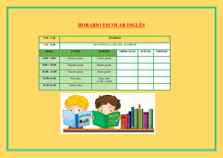 Horario Escolar de Inglés 2023 | PDF