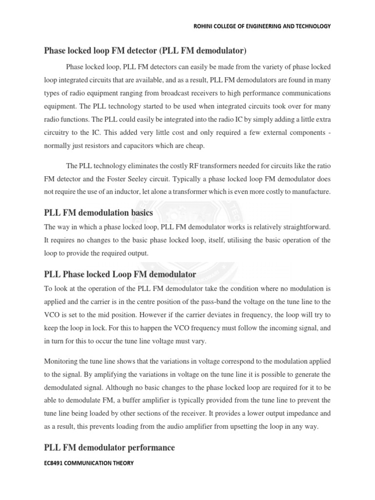 Phase Locked Loop Fm Detector Pll Fm Demodulator Rohini College Of Engineering And