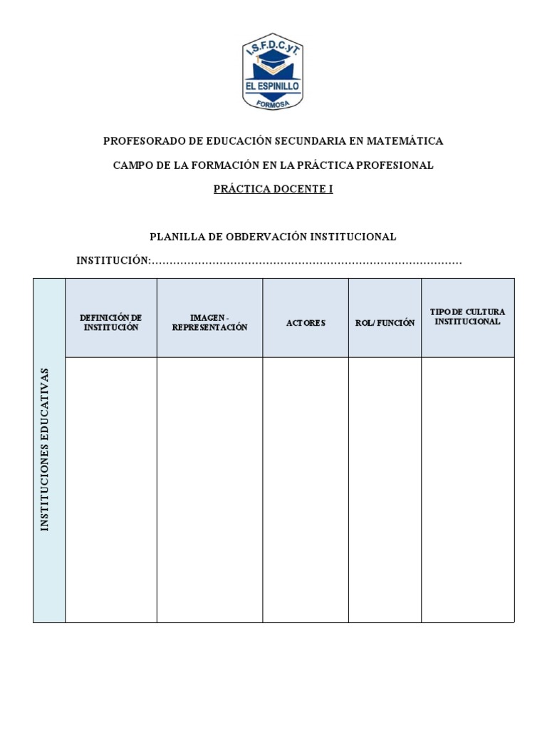 Planilla de Observación Institucional Práctica I | PDF