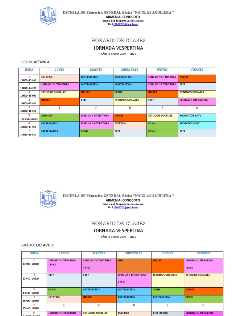 HORARIO DE CLASES ENA 2021-2022 VESPERTINA | PDF