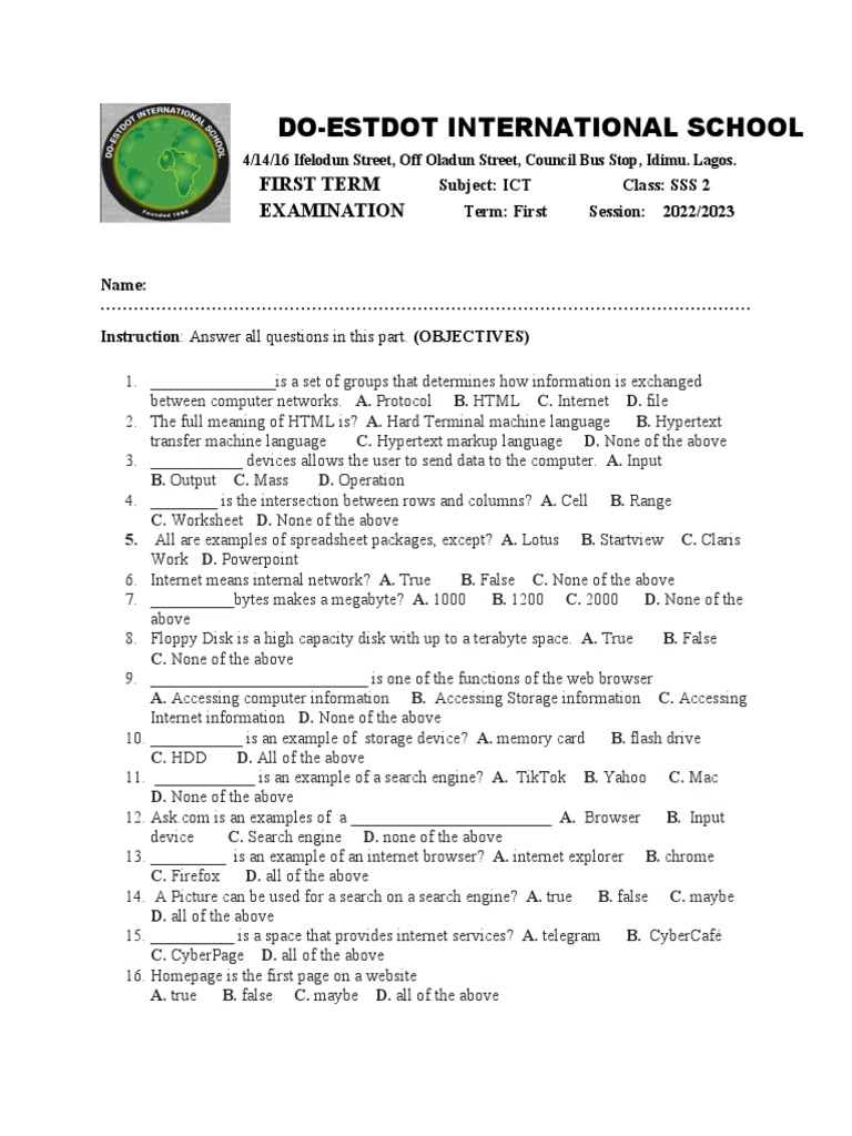 SSS 2 ICT (First TERM EXAM) 2022-2023 | PDF | Internet | Computer Data Storage
