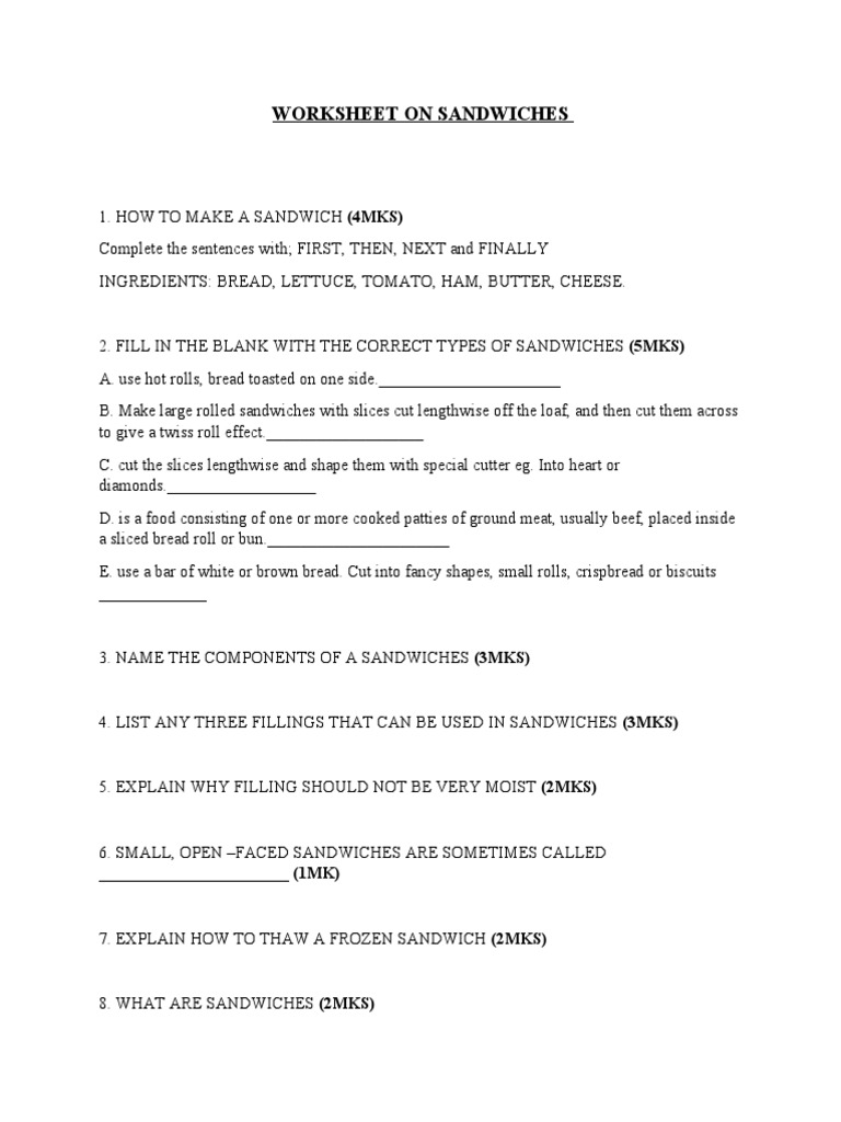 Worksheet On Sandwiches | PDF