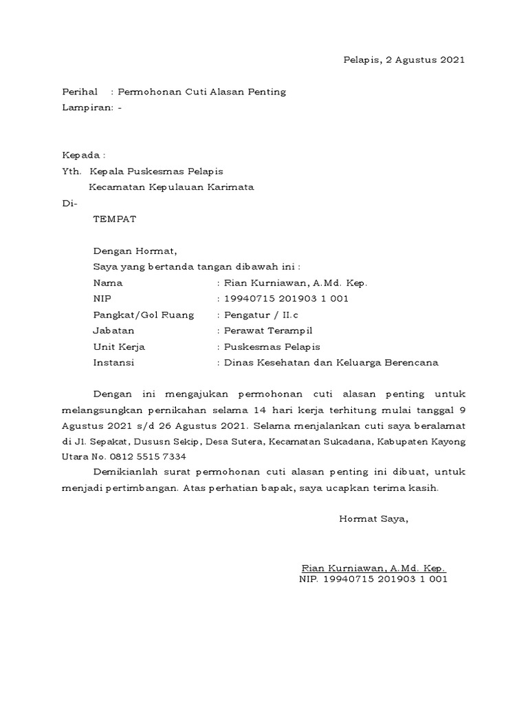 Surat Cuti Nikah Rian | PDF