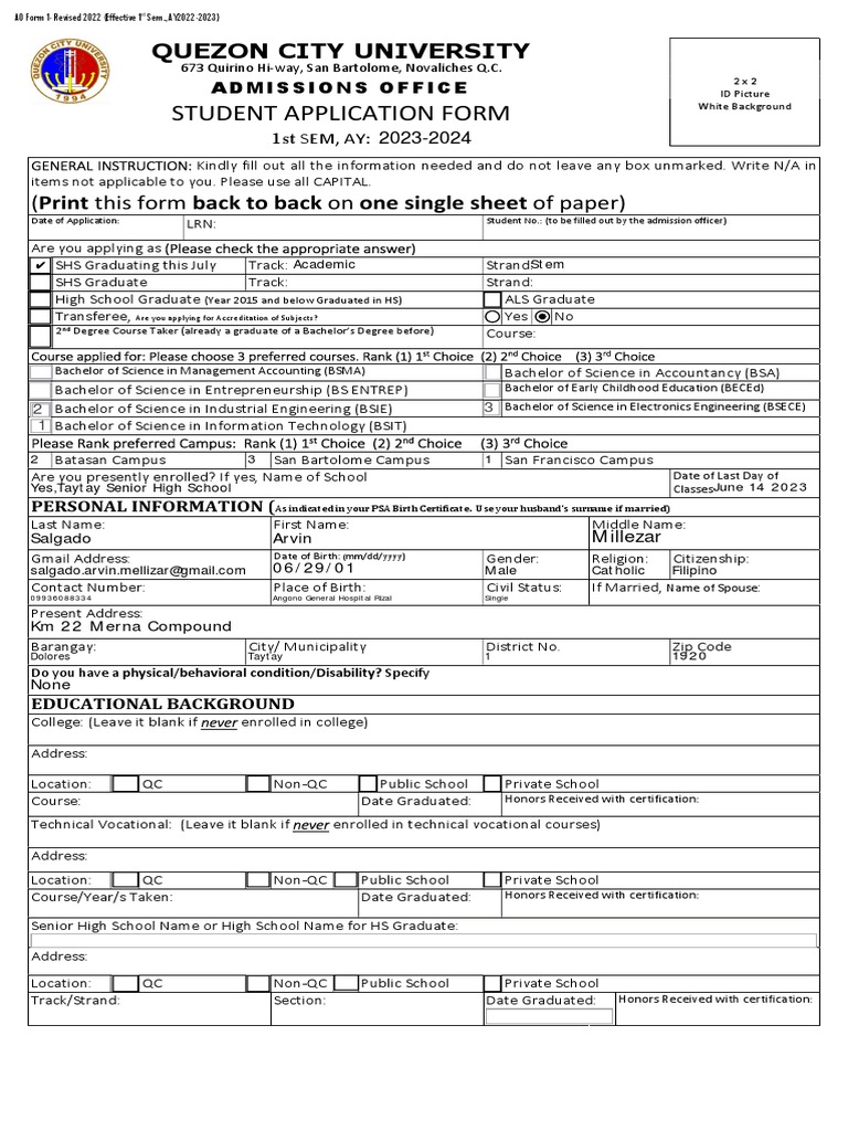 A01 2022 2ND SEM QCU STUDENT APPLICATION FORM FOR ADMISSION Version 17 ...