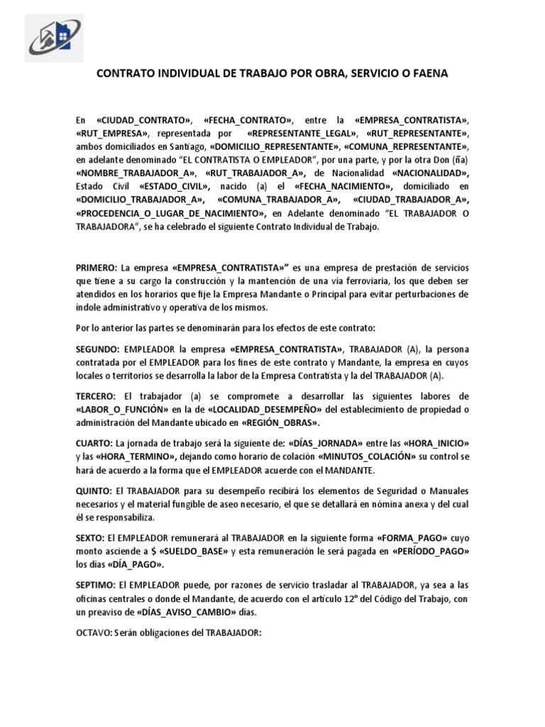 Modelo. Contrato Individual Por Obra, Servicio o Faena | PDF
