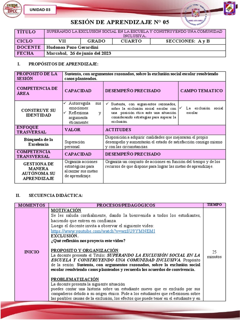 Sesión 05 DPCC 4° U3 | PDF | Inclusión (Educación) | Aprendizaje