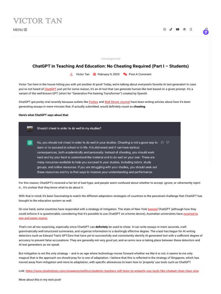ChatGPT in Teaching and Education - No Cheating Required (Part I - Students) - Victor Tan | PDF ...