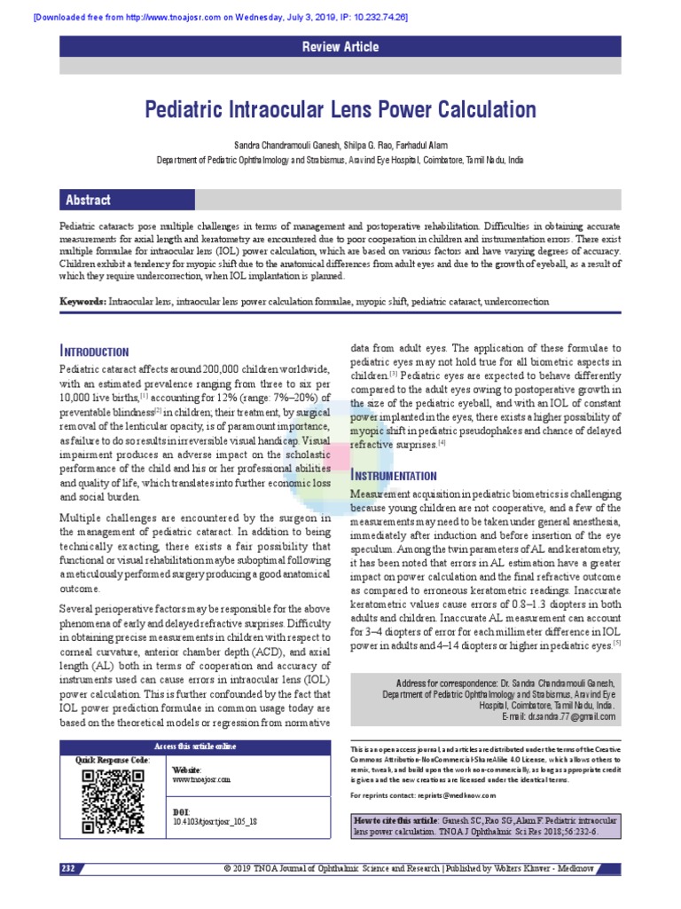 Ganesh Pediatric Intraocular Lens Power Calculation | PDF ...