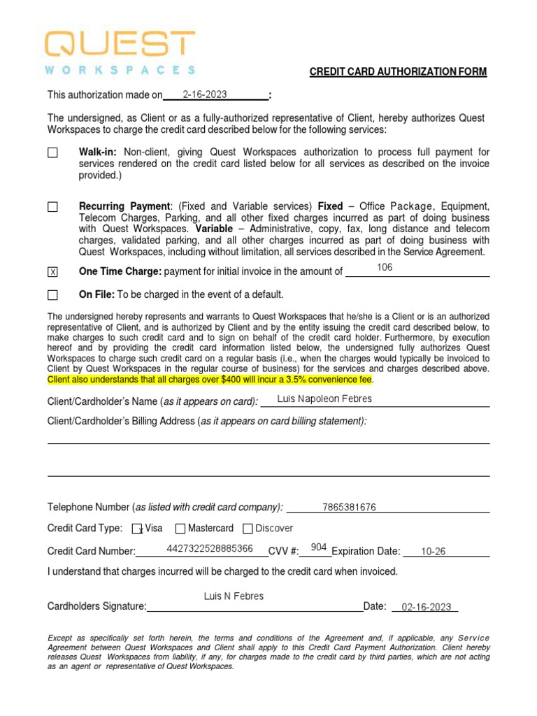 Quest Credit Card Authorization Form | PDF | Credit Card | Banking