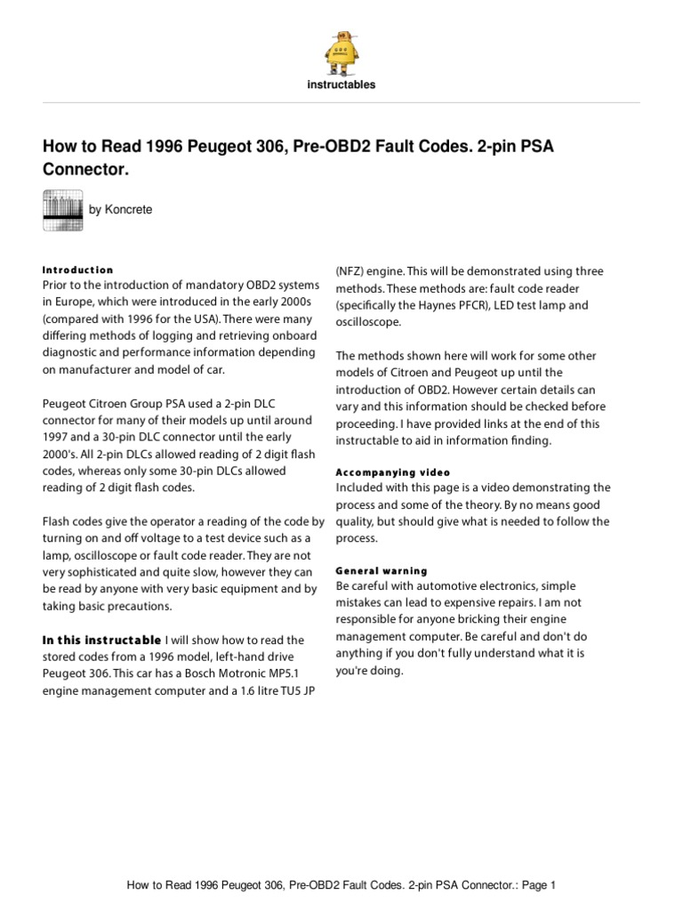 Reading 1996 Peugeot 306 Phase 1 Fault Codes 2 Pin | PDF | Electrical ...