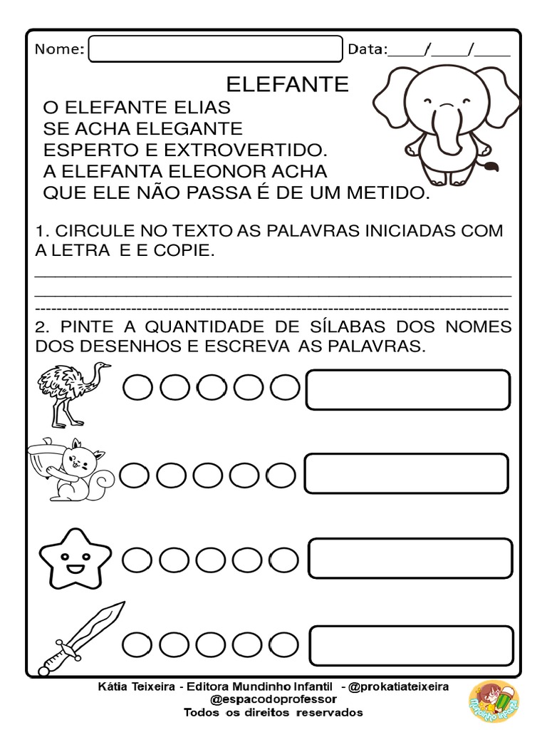Atividades de Alfabetização Com Pequeno Texto em PDF Letra e | PDF
