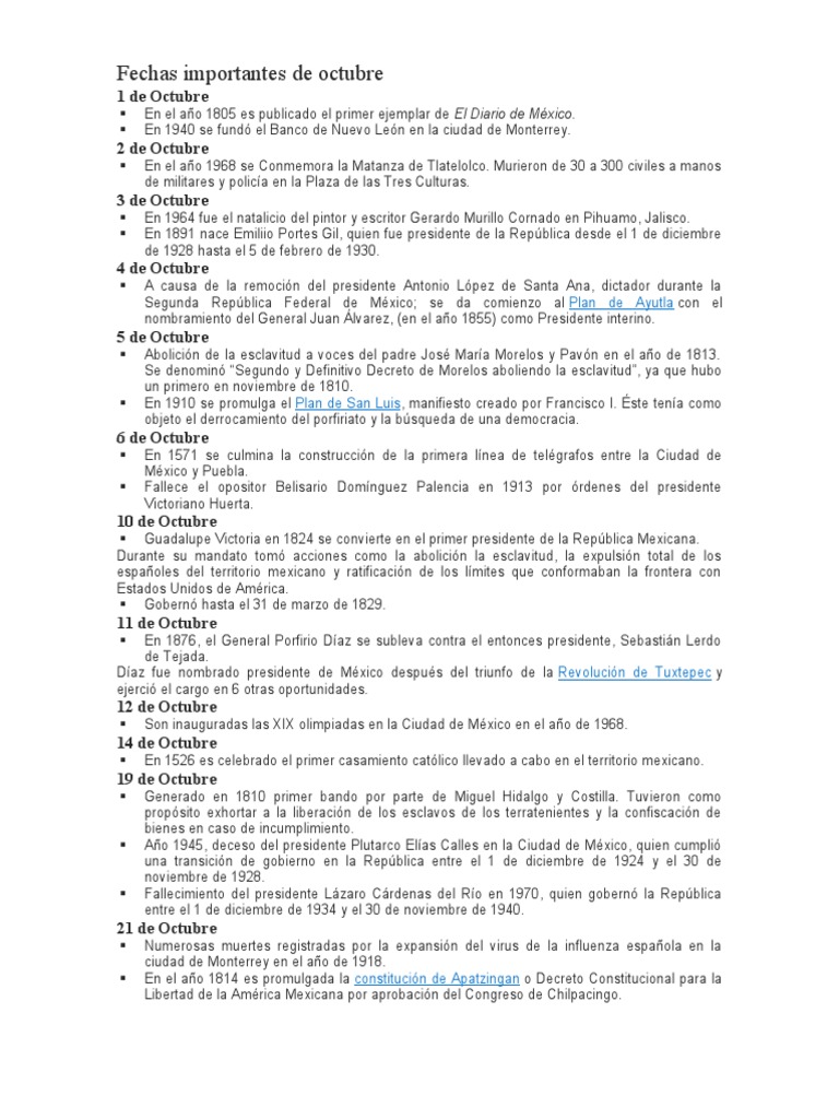 Fechas Importantes de Octubre | PDF | México | America latina