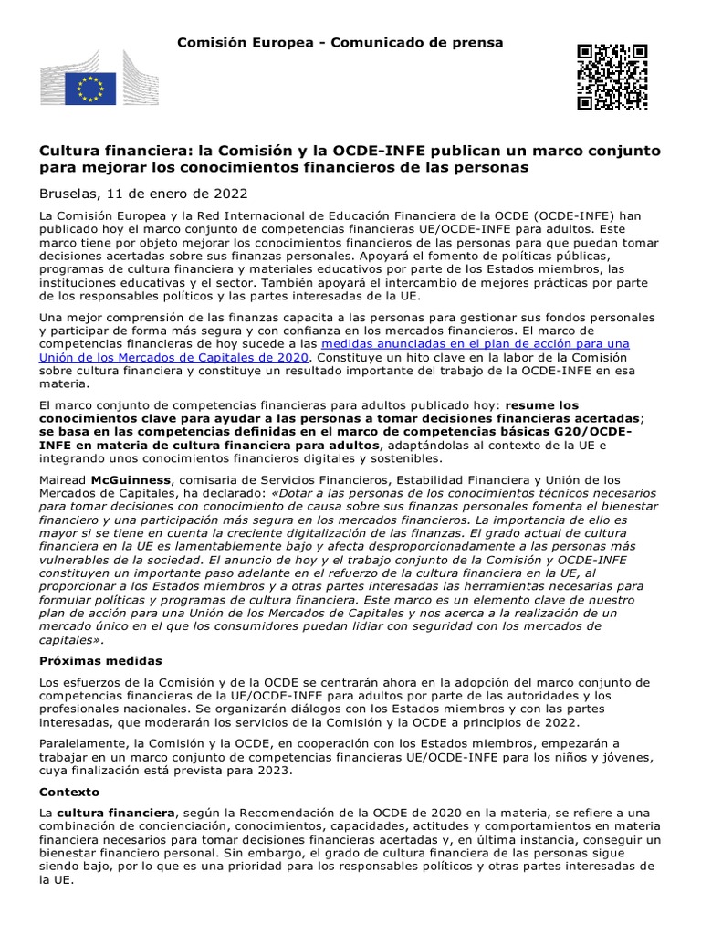 Cultura Financiera La Comisi N y La OCDE-INFE Publican Un Marco Conjunto para Mejorar Los ...