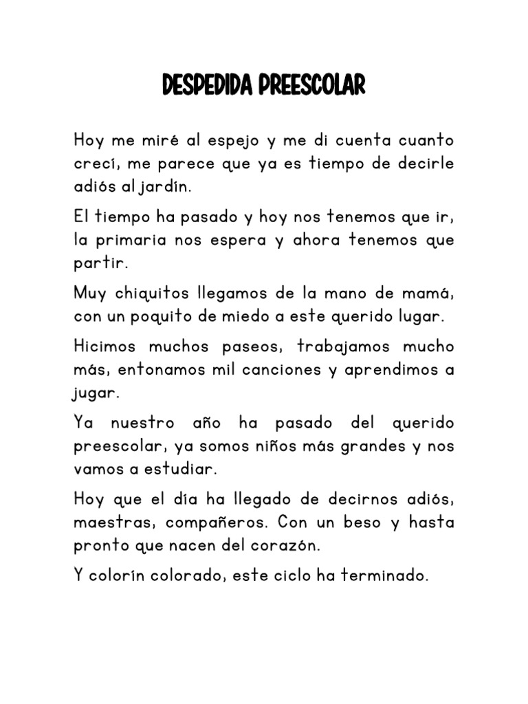 Poema de despedida para preescolar | PDF
