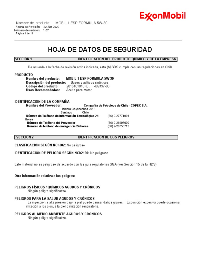 Mobil 1 ESP Formula 5W-30: Hoja de Seguridad | PDF | Descarga ...