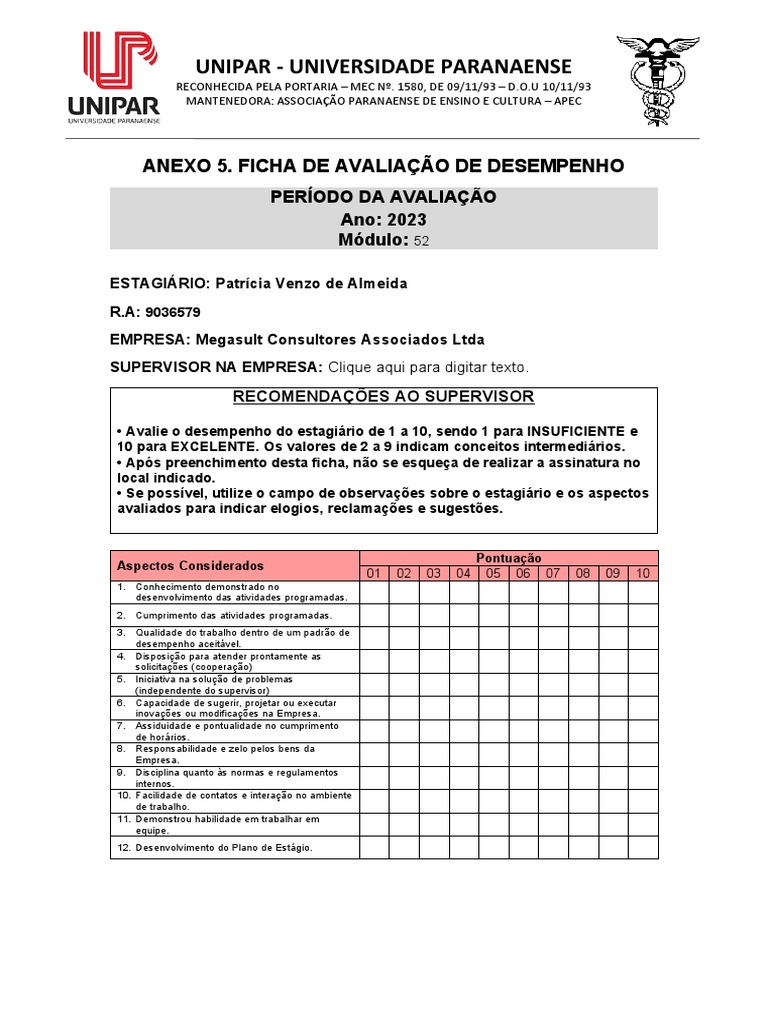 Ficha de Avaliação de Desempenho | PDF