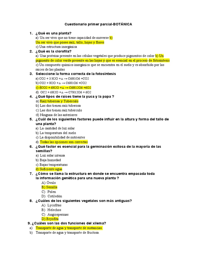 Cuestionario de Botanica | PDF | Raíz | Tallo de la planta