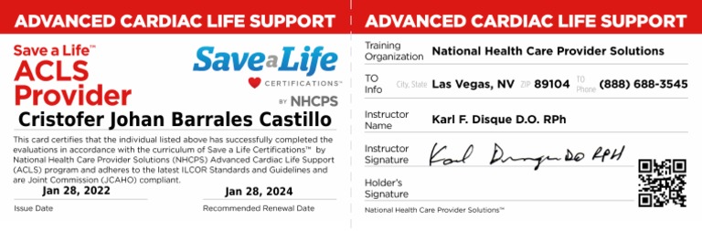 Acls Advanced Cardiac Life Support Certification Course Id Card | PDF