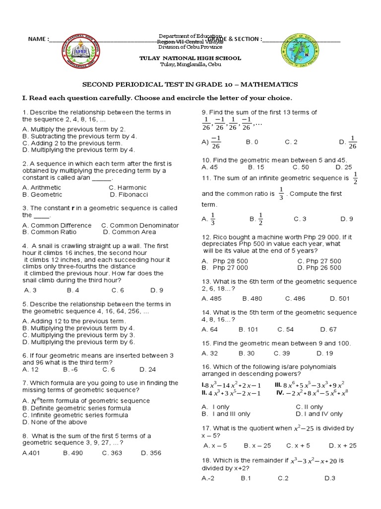 Second Periodical Test in Grade 10 - Mathematics I. Read Each Question ...