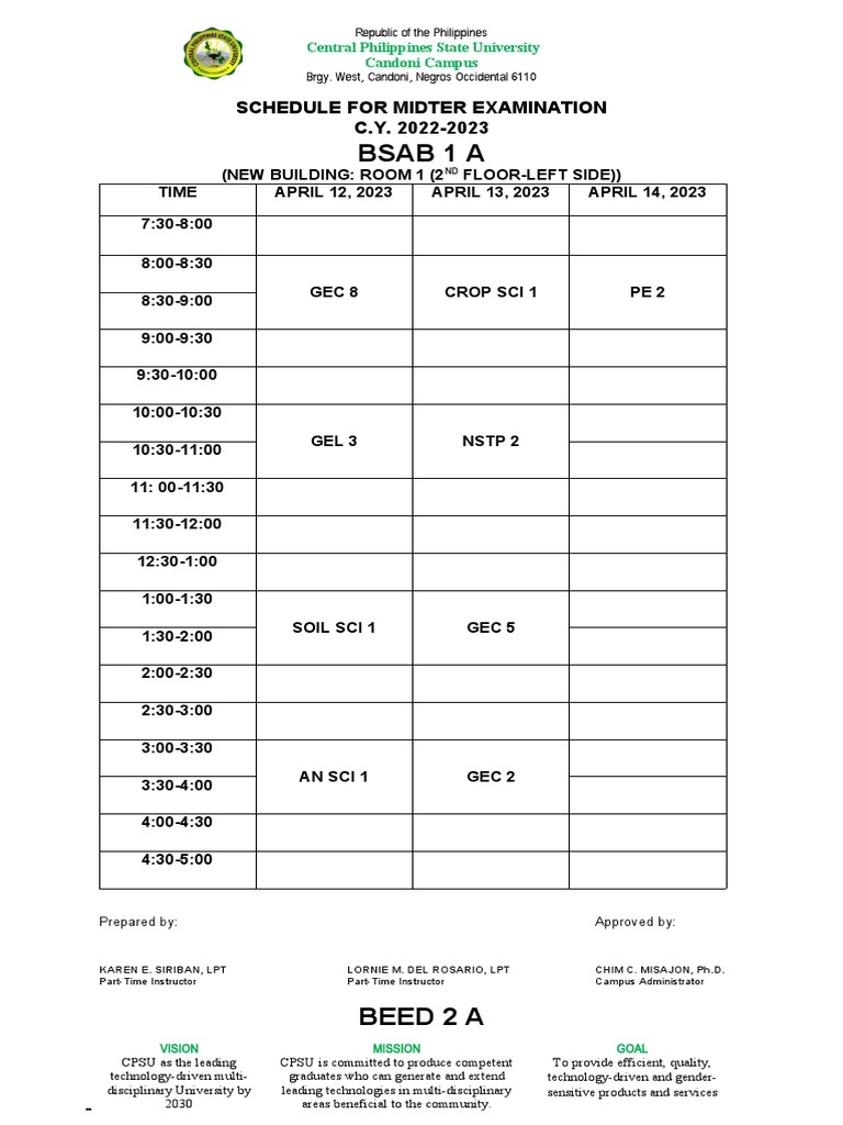 Schedule For Midterm Examination | PDF