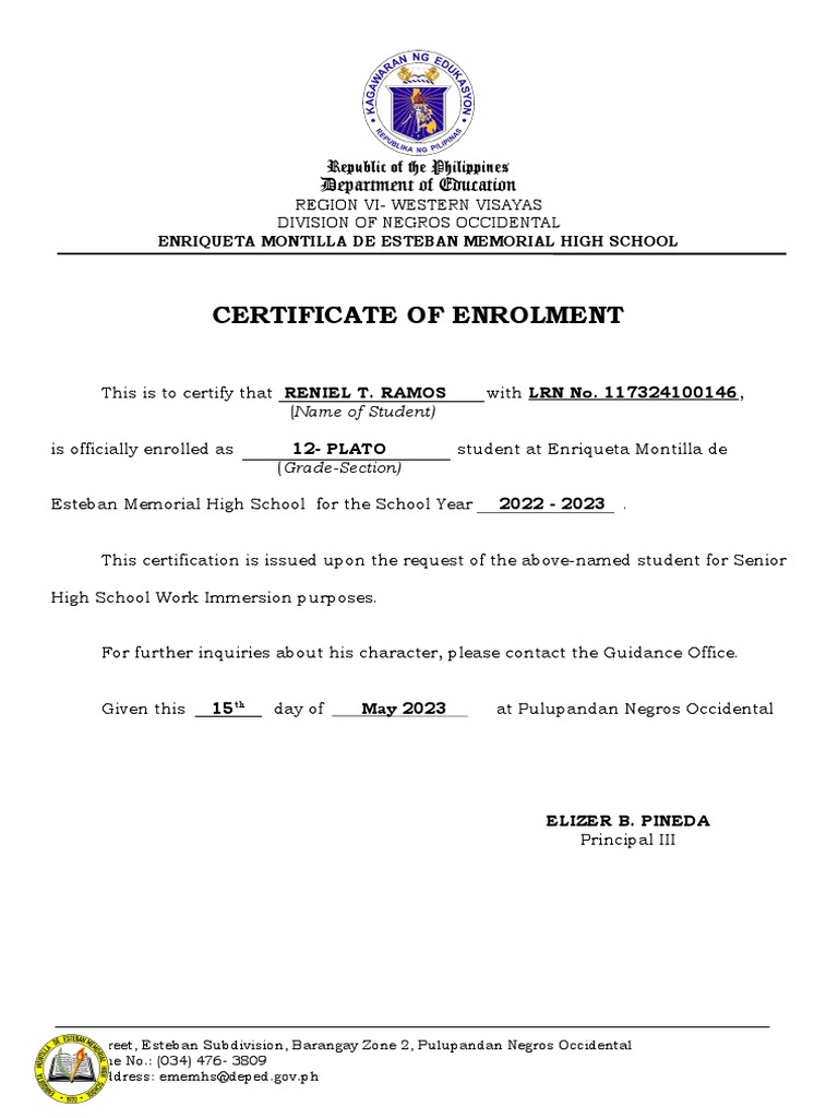 Certificate of Enrollment for Reniel T. Ramos | PDF