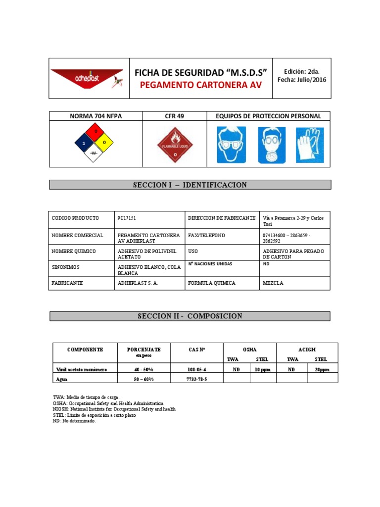 MSDS DE PEGAMENTO CARTONERA AV ADHEPLAST.docx | PDF | Agua | Administración de Seguridad y Salud ...