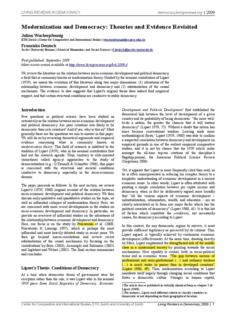 Wucherpfennig, J., Deutsch, F. (2009) - Modernization and Democracy Theories and Evidence ...