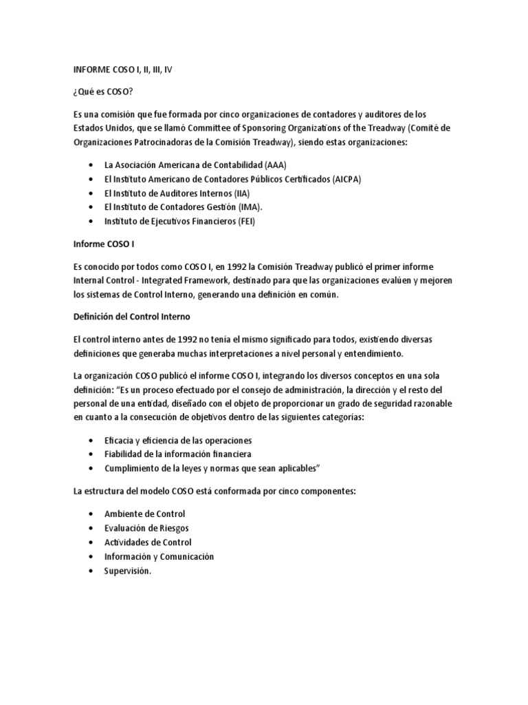 Informe COSO: Control Interno y Riesgos | PDF | Auditoría | Archivo de ...