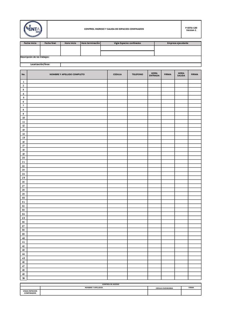 F-SSTA-130 Control Entrada y Salida Espacios Confinados | PDF