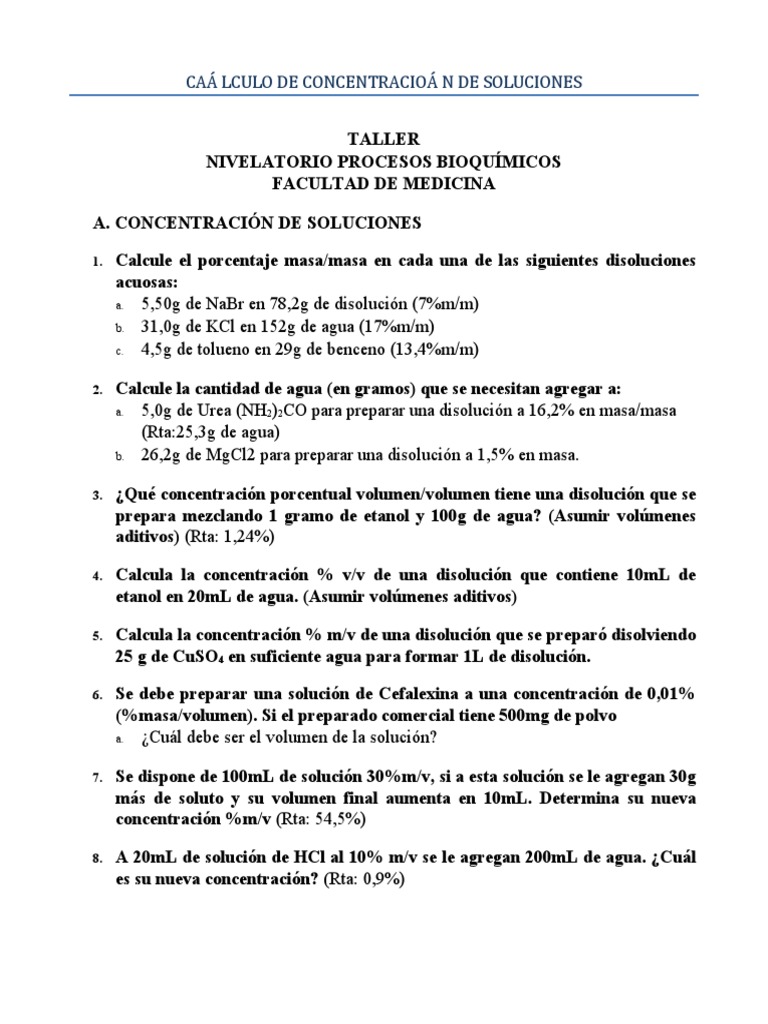 Taller de Concentración de Soluciones | PDF | Concentración | Ácido clorhídrico