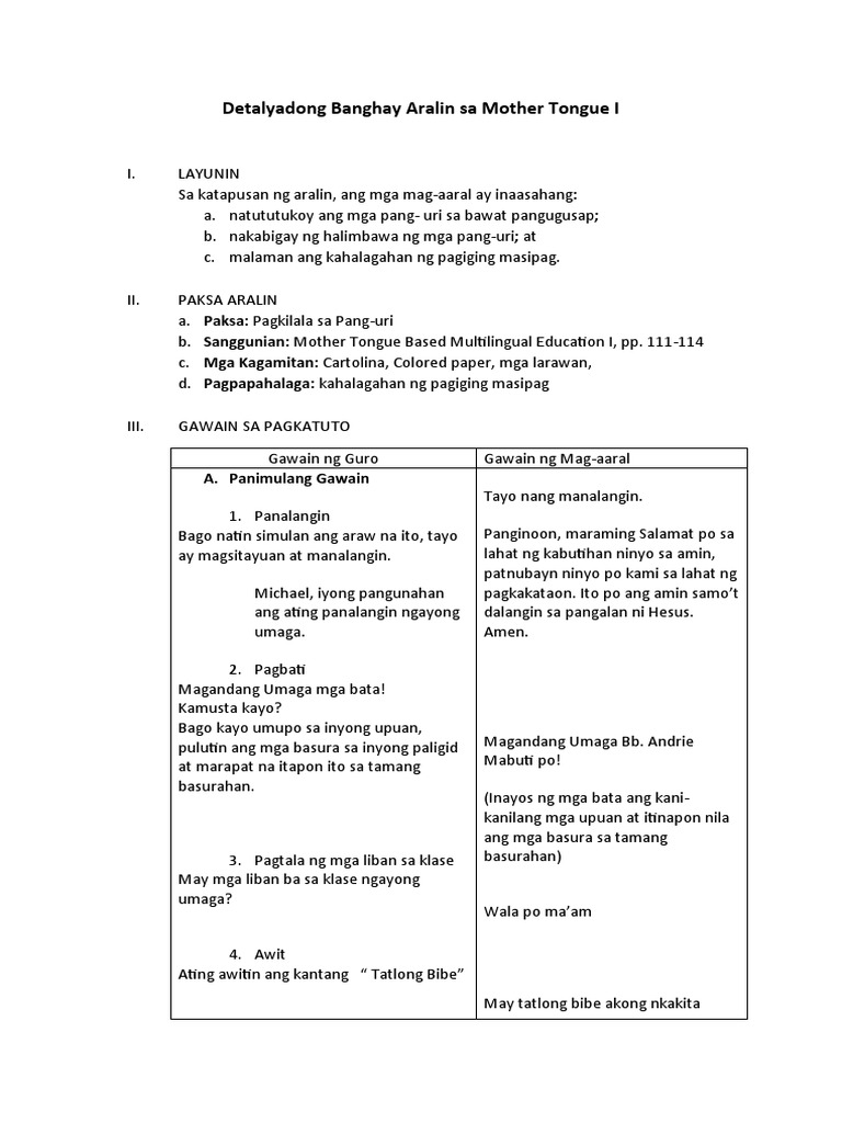 Detalyadong Banghay Aralin Sa Mother Tongue | PDF