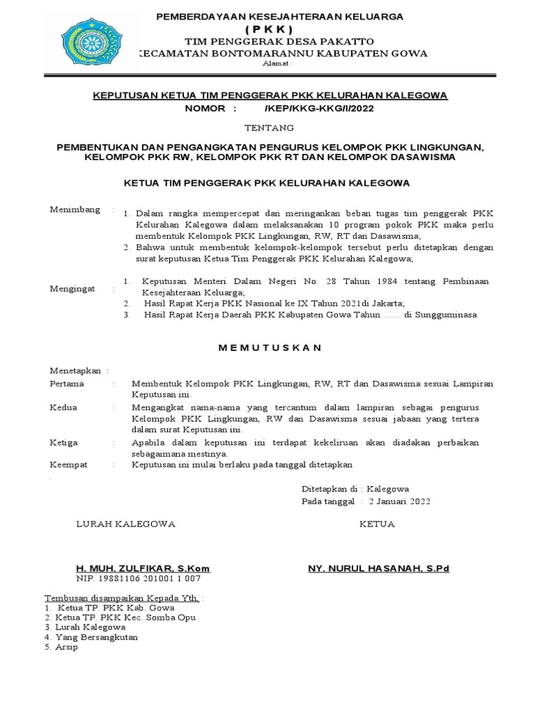 SK Pembentukan Dan Pengangkatan Pengurus Kelompok PKK Lingkungan ...